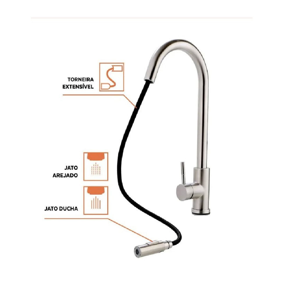 Torneira Monocomando para Cozinha Gourmet com Bica Extensível Escovado ...